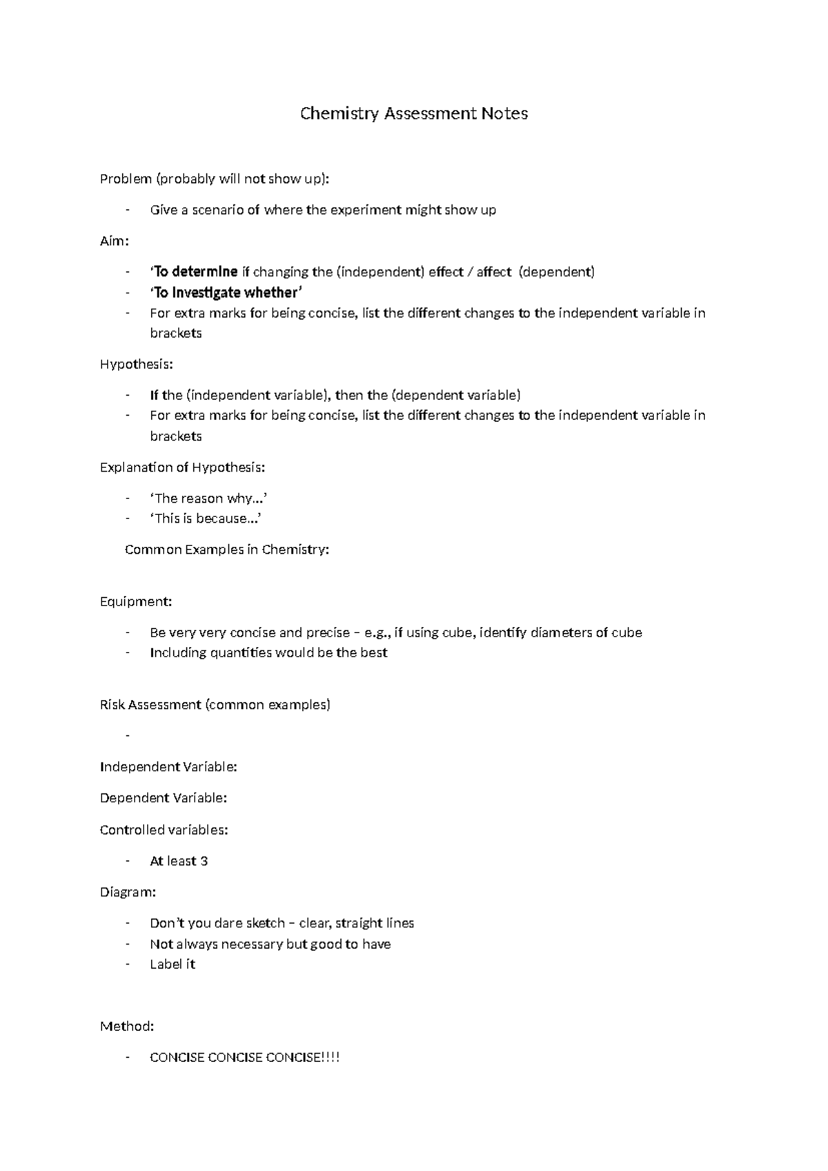 Chemistry Assessment Notes - Chemistry Assessment Notes Problem ...