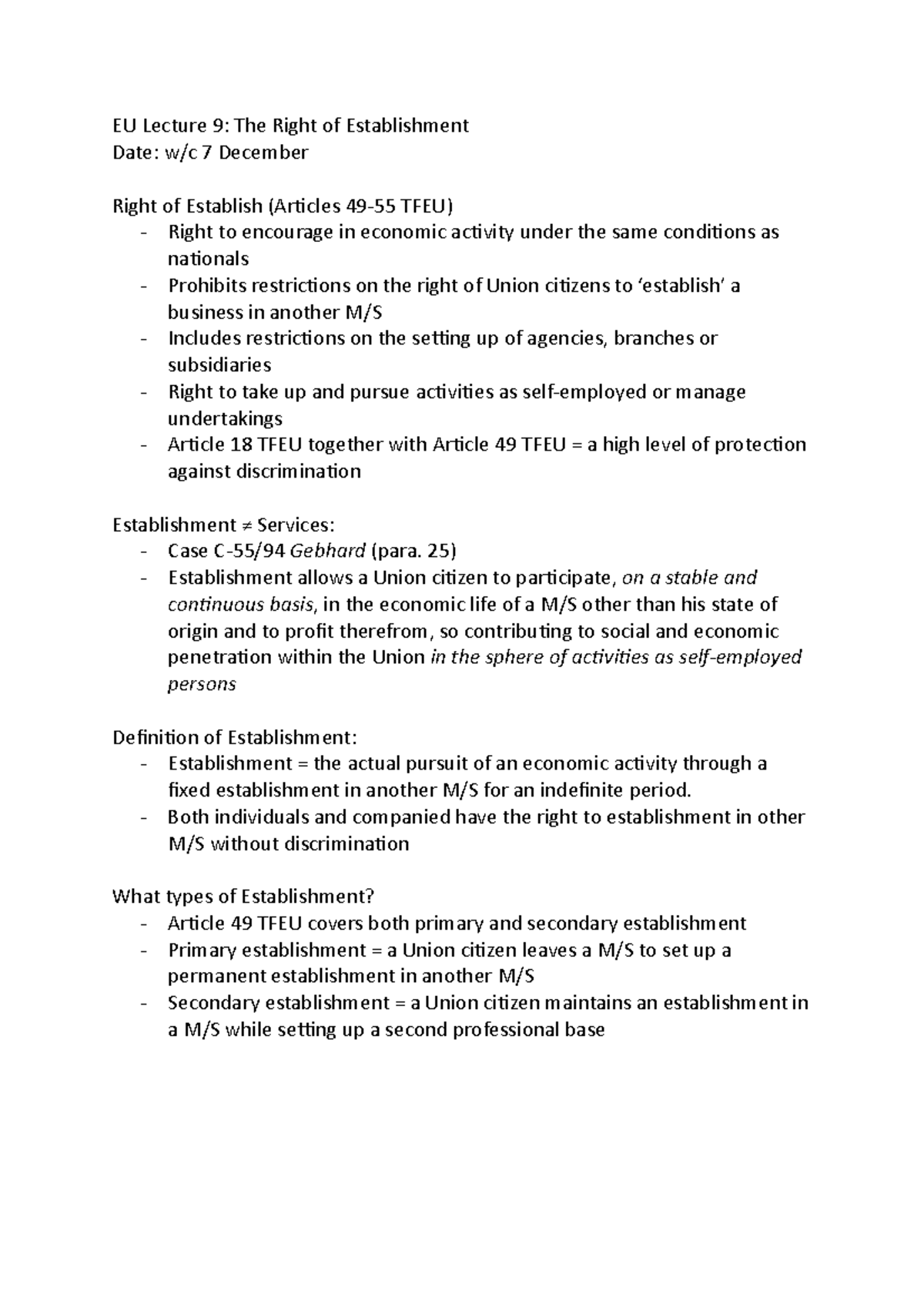 Right of Establishment - EU Lecture 9: The Right of Establishment Date ...