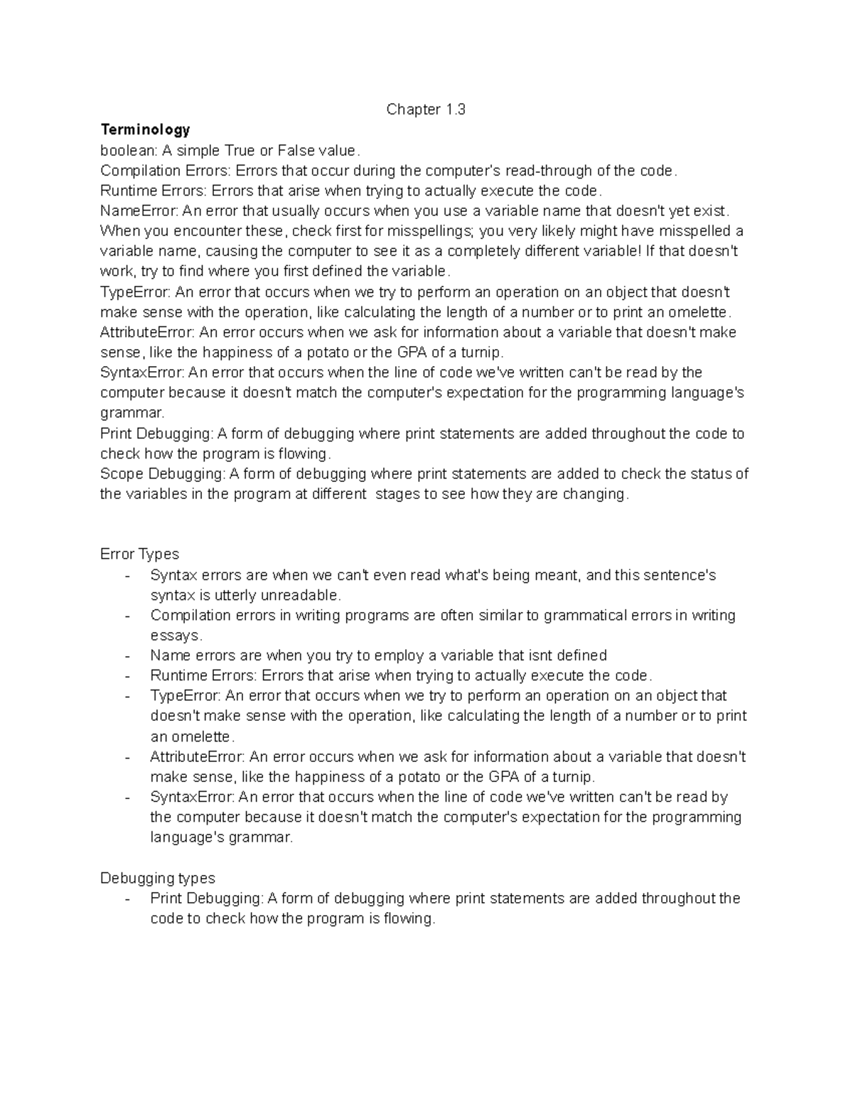 Chapter 1 - Chapter 1. Terminology boolean: A simple True or False ...