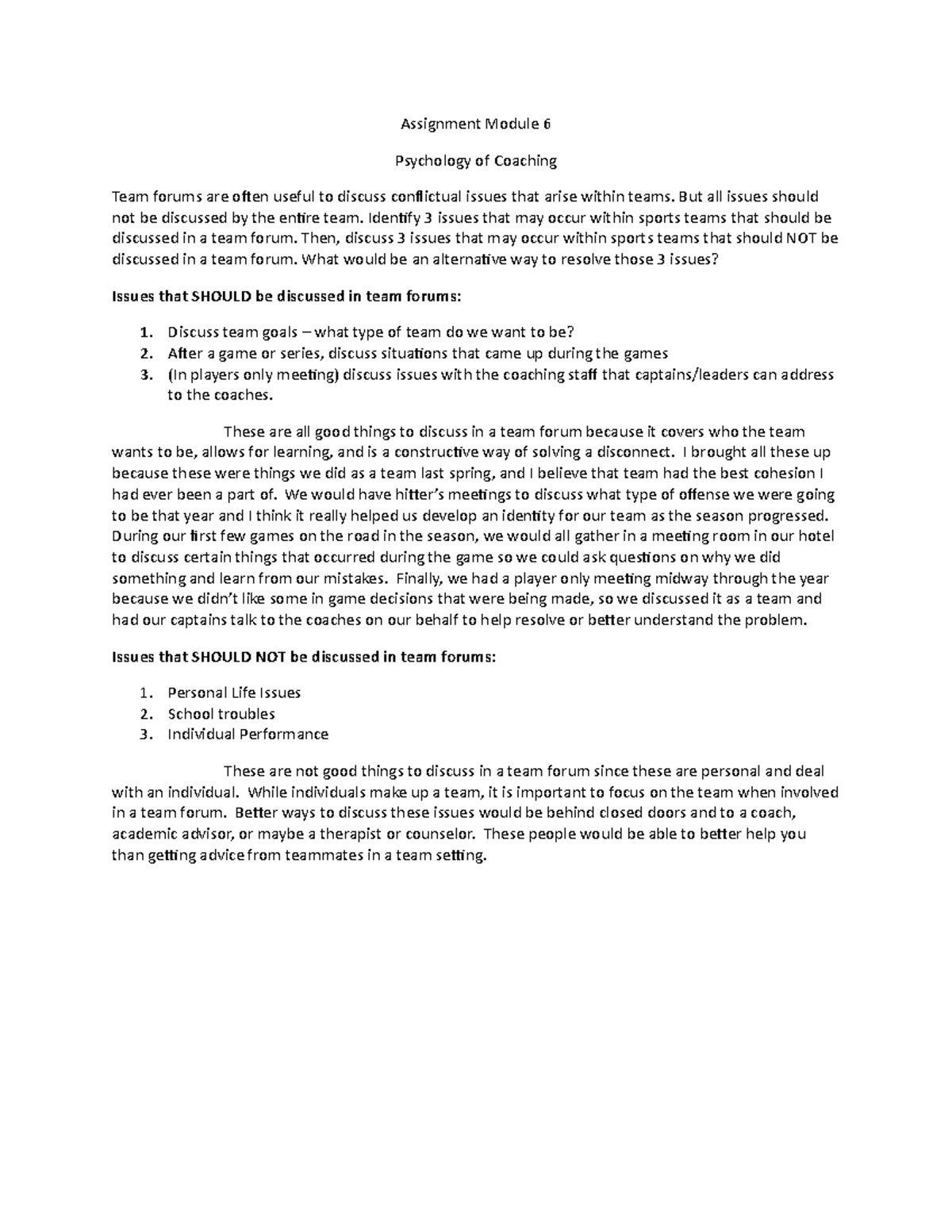 Assignment Module 6 Psych of Coaching - Assignment Module 6 Psychology of Coaching Team forums ...