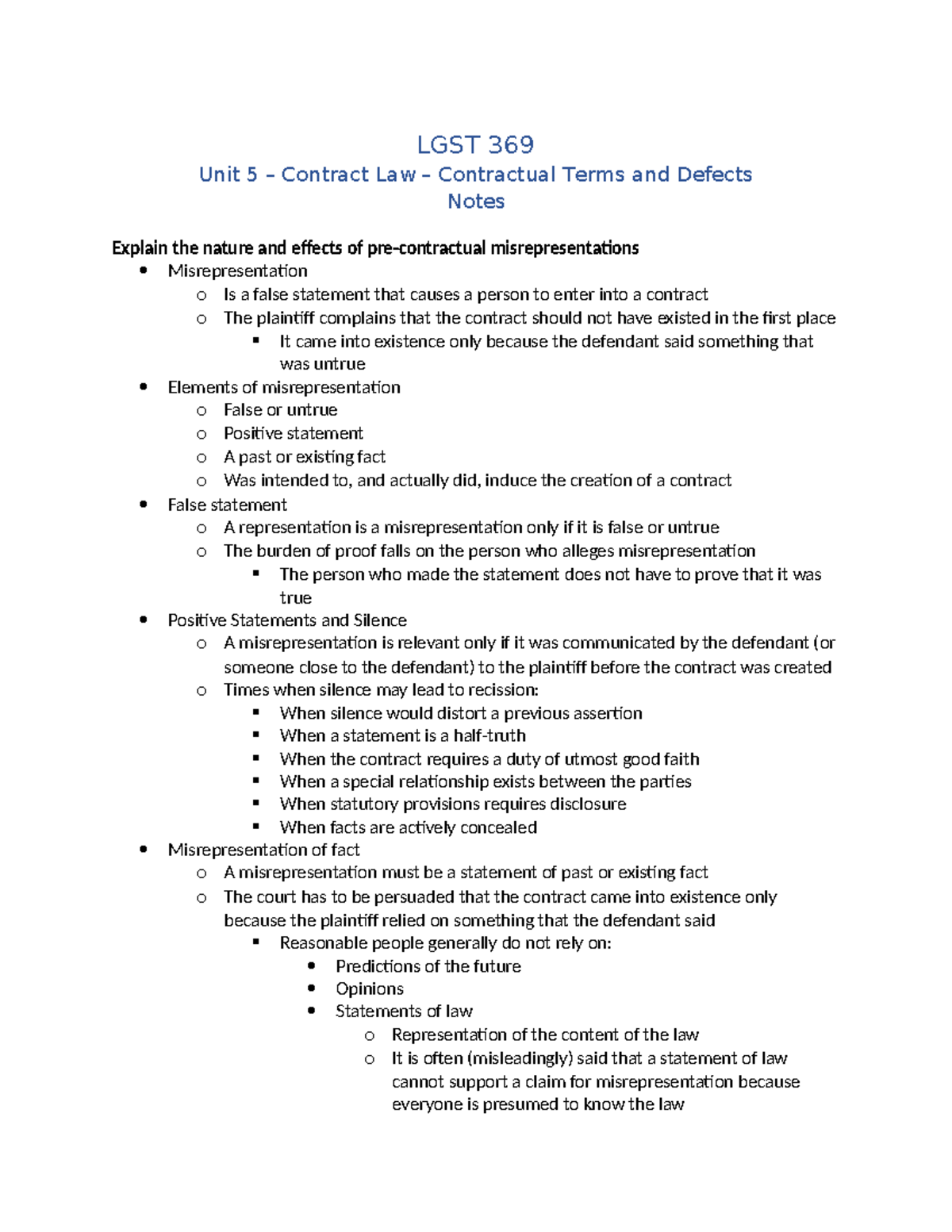 Unit 5 – Contract Law – Contractual Terms and Defects - LGST 369 Unit 5 ...