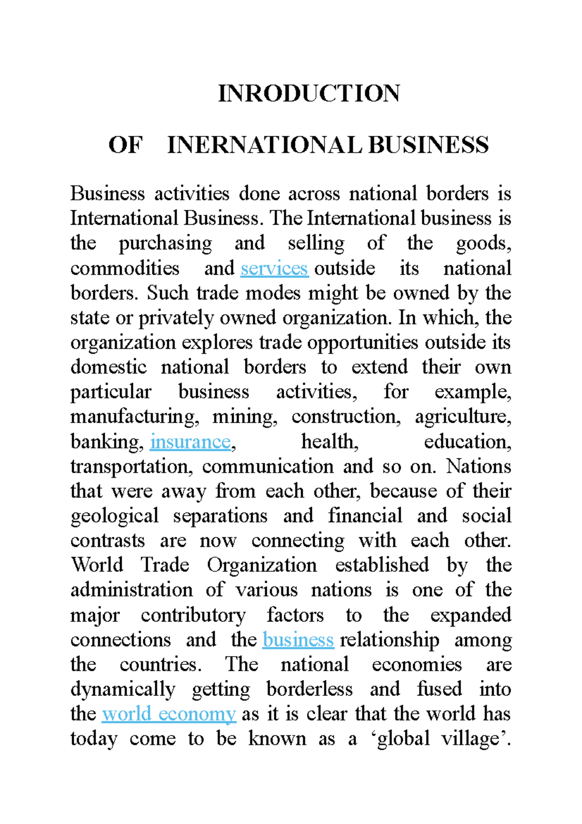 Inroduction - this note included introduction of international business ...