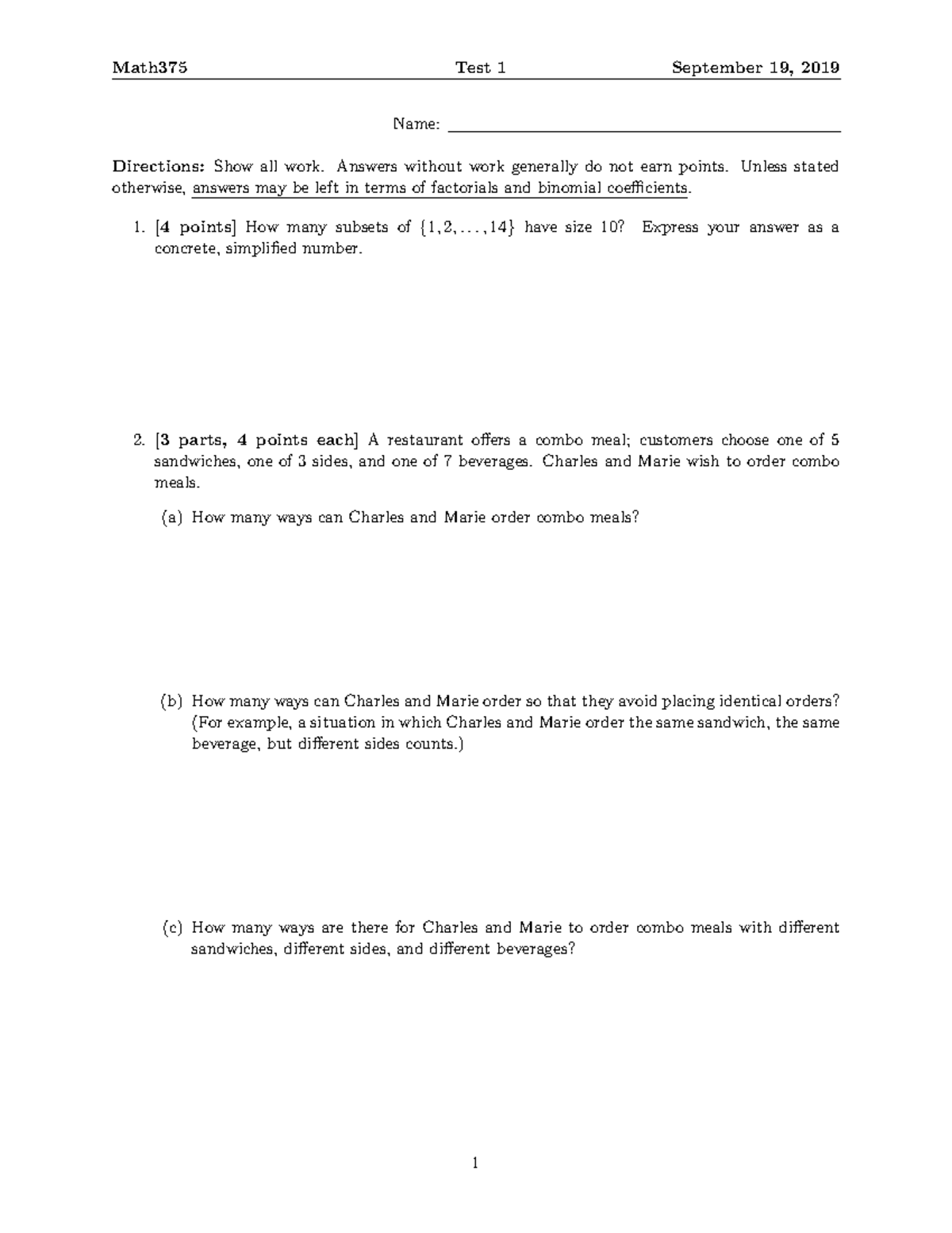 Test1 - First test - Name: Directions: Show all work. Answers without ...