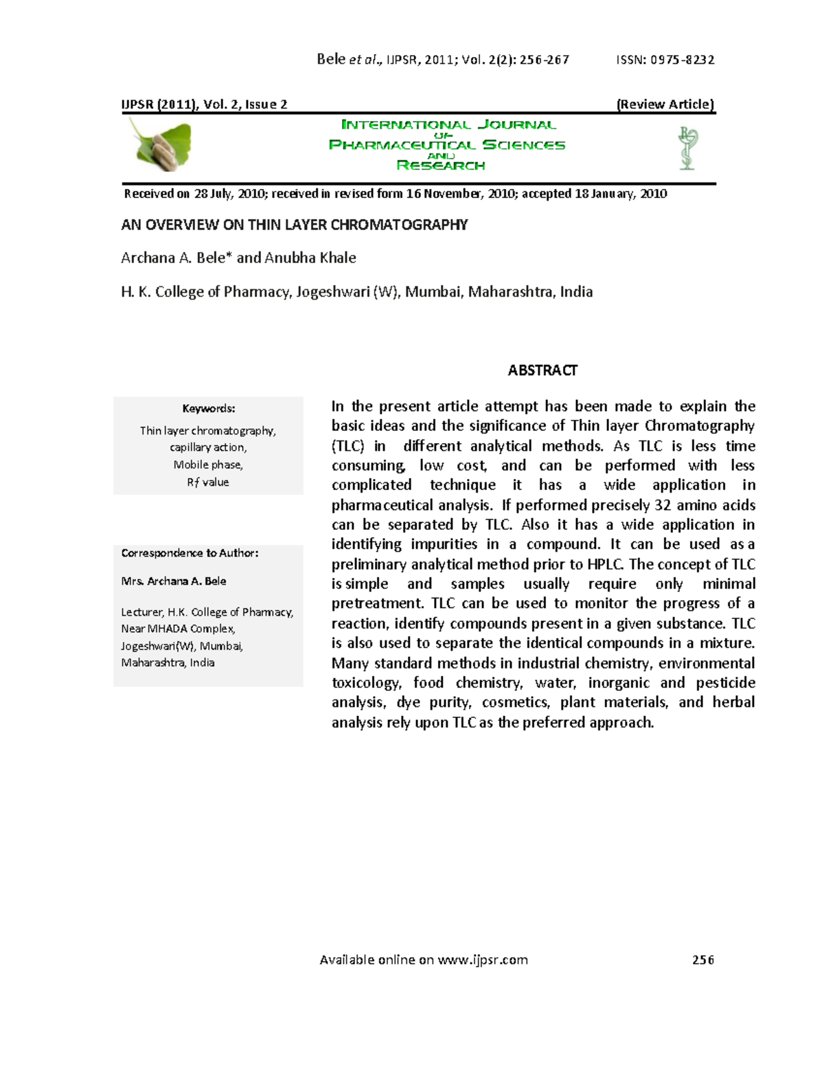 TLC Theory - Essay - Bele et al. , IJPSR, 2011; Vol. 2(2): 256-267 ISSN: 0975- IJPSR (2011), Vol ...