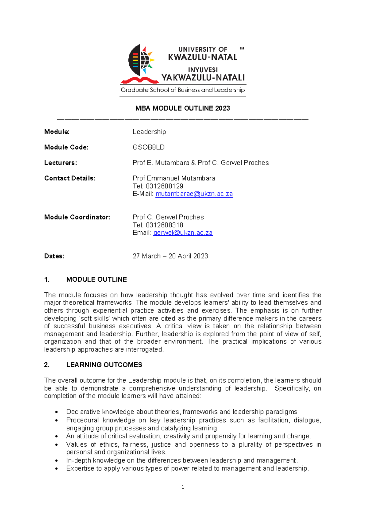 MBA Course Outline Leadership 2023 - MBA MODULE OUTLINE 2023 - Studocu