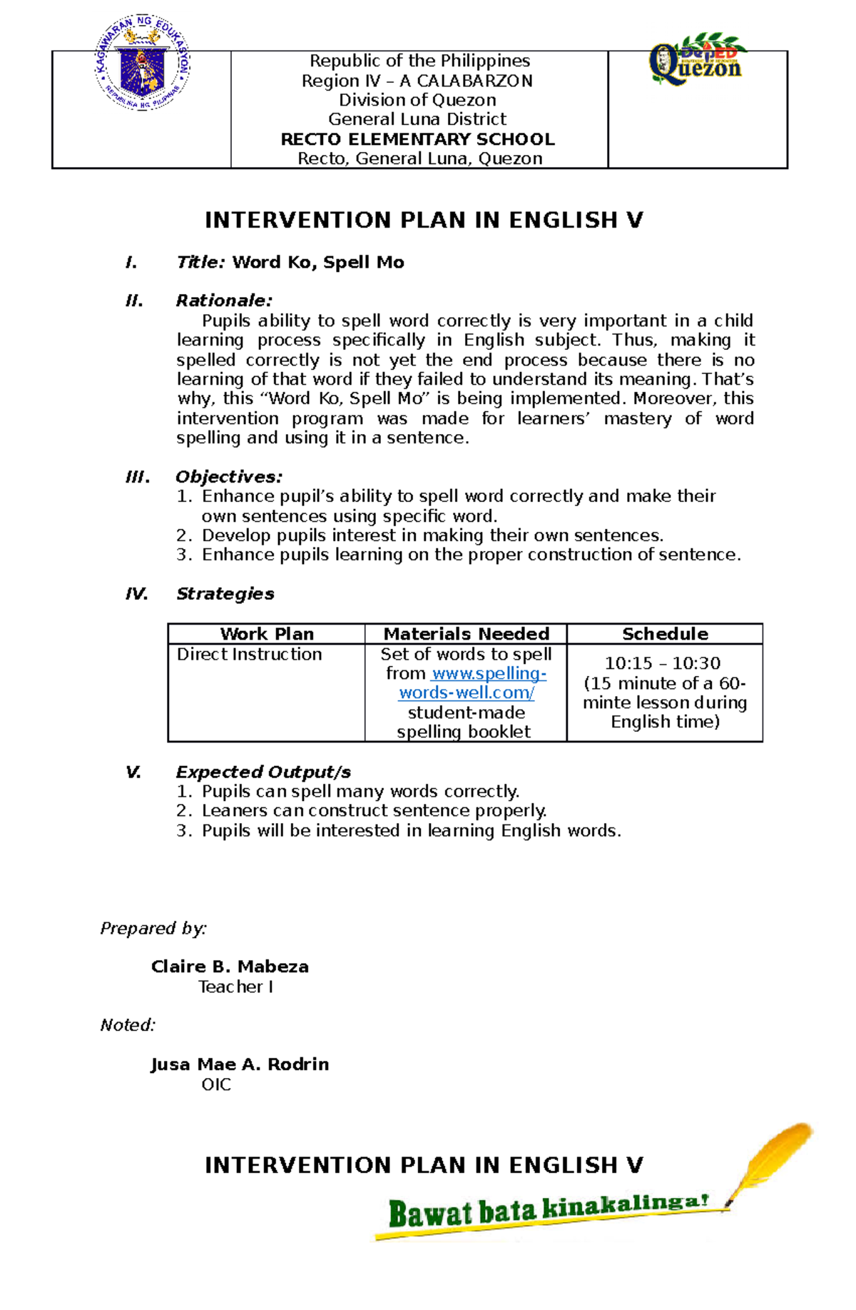 Intervention PLAN IN English V - Republic of the Philippines Region IV ...