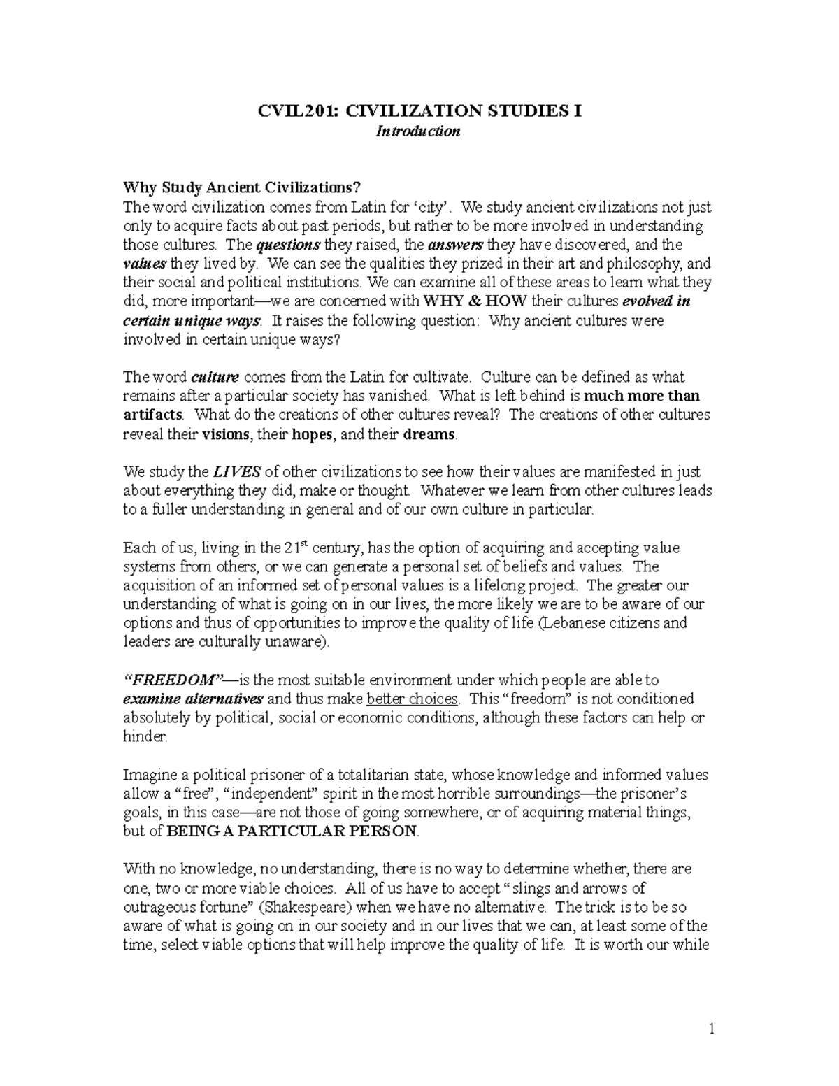 Introduction to CVIL201 - CVIL201: CIVILIZATION STUDIES I Introduction ...