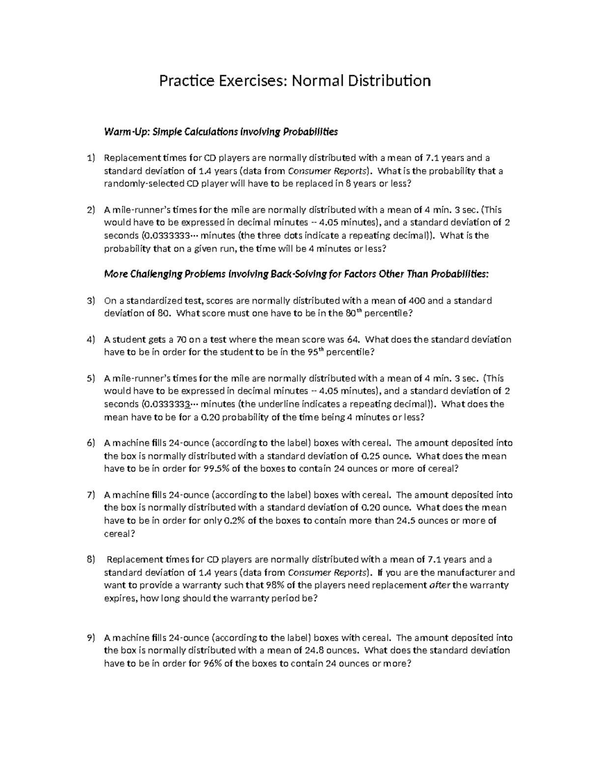Normal Distribution Practice Problems - Practice Exercises: Normal ...