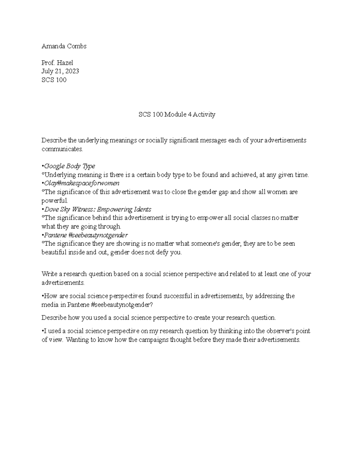 SCS100 Module 4 Activity - Amanda Combs Prof. Hazel July 21, 2023 SCS ...