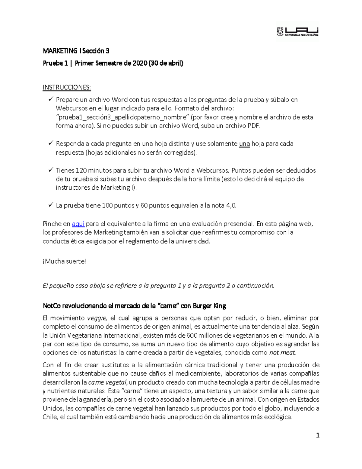Prueba 1 Marketing I 2020.1 sección 3 pauta - MARKETING I SecciÛn 3 ...