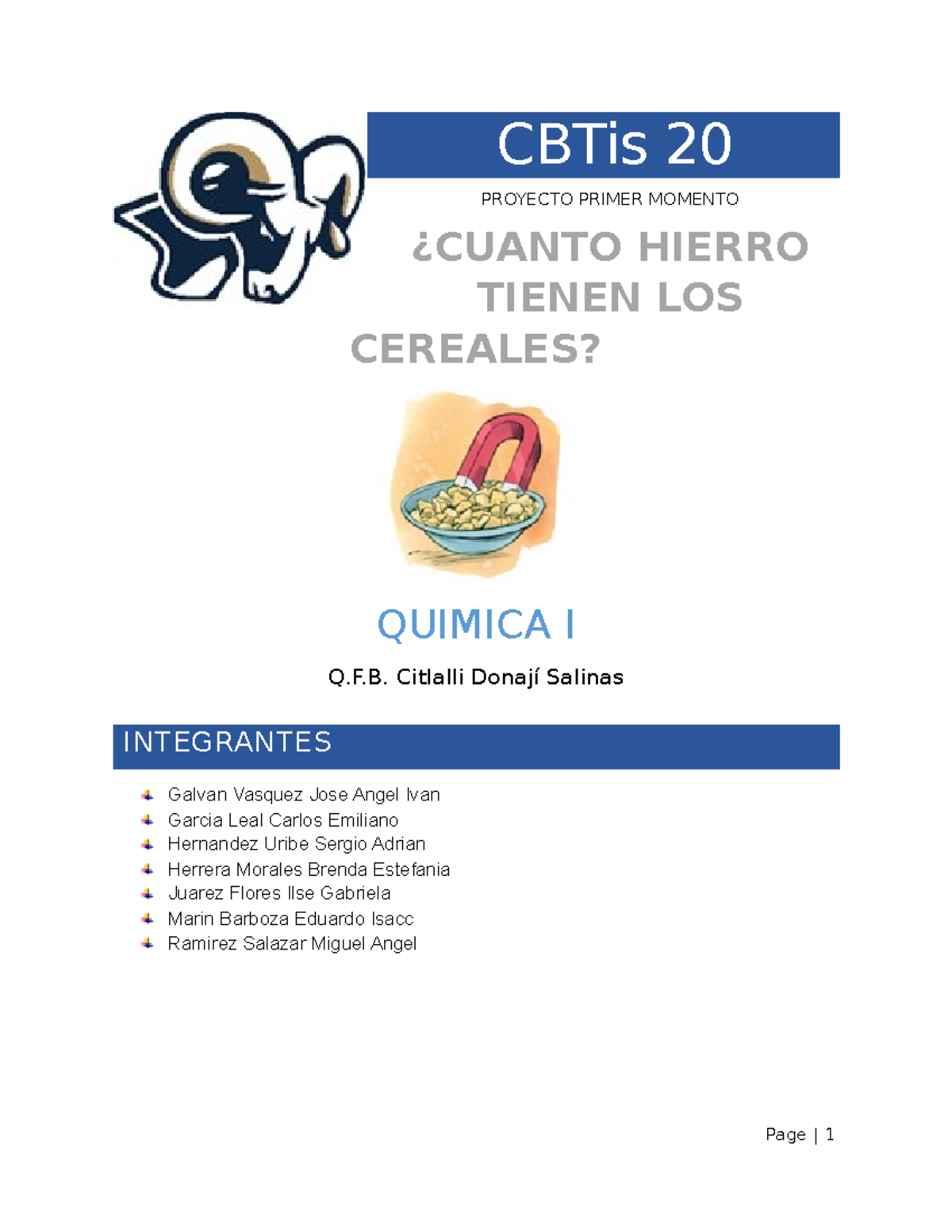 CBTis 20 quimica - nolano - CBTis 20 PROYECTO PRIMER MOMENTO ¿CUANTO ...
