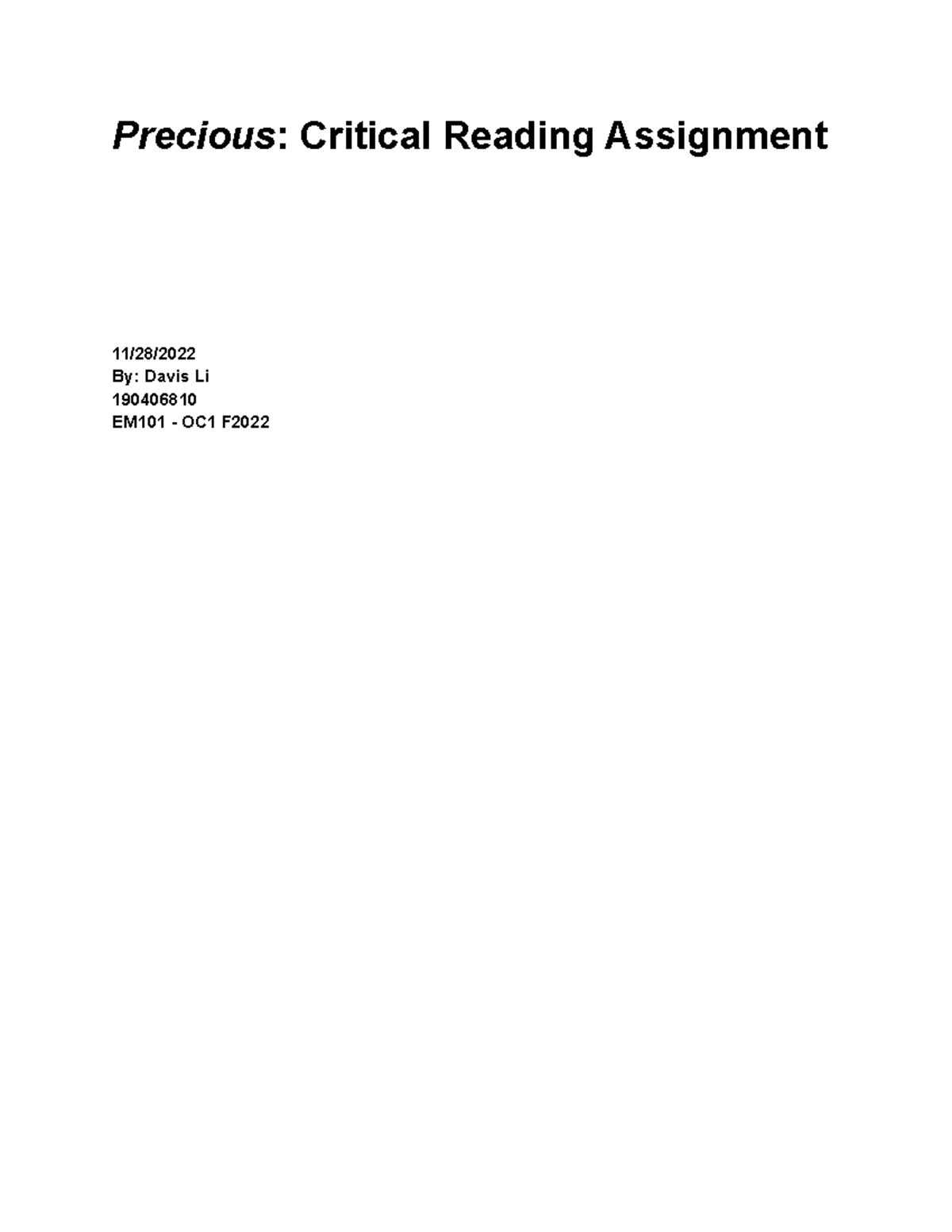 EM101 - Critical Reading Assignment #3 ( Davis LI) - Precious: Critical Reading Assignment 11/28 ...