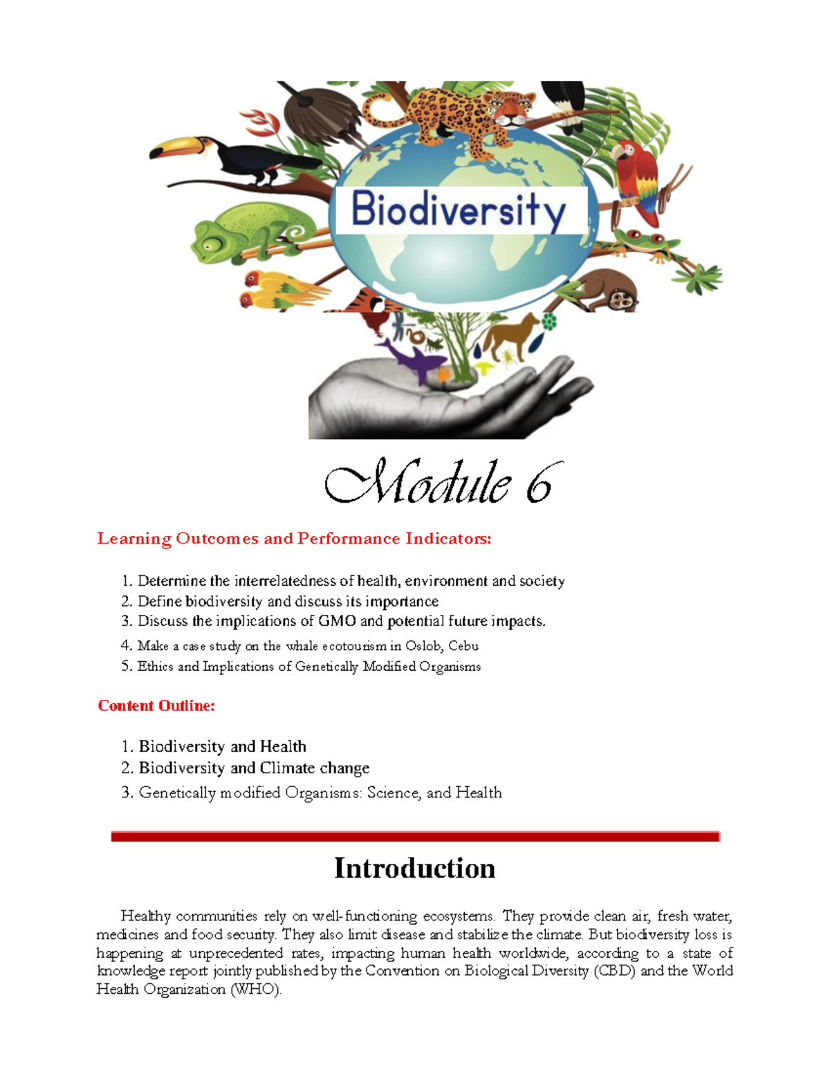 Module 6 Biodiversity and Health Society 1 - Module 6 Learning Outcomes ...
