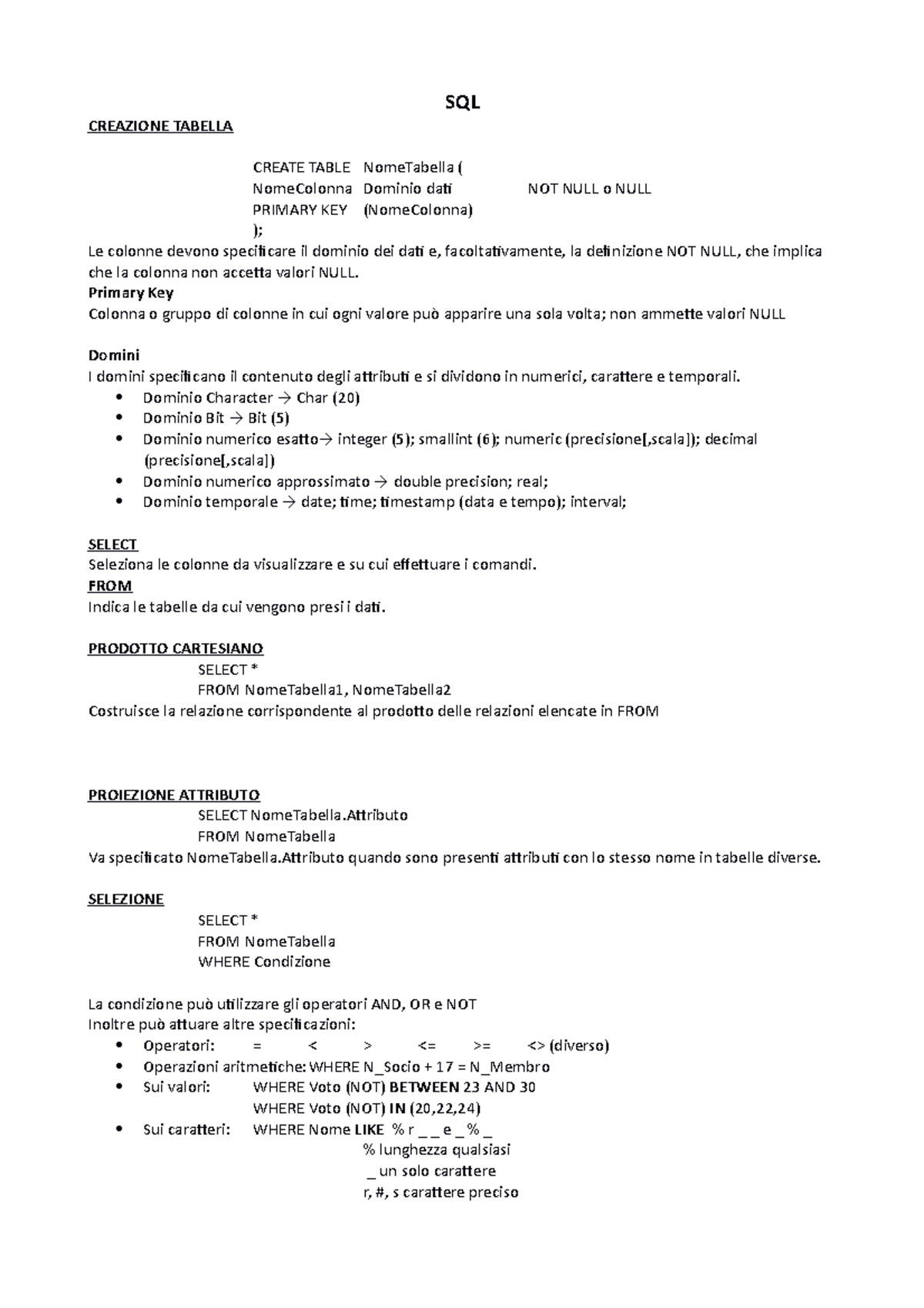 Appunti, SQL - Informatica generale - a.a 2015/2016 - CREAZIONE TABELLA ...