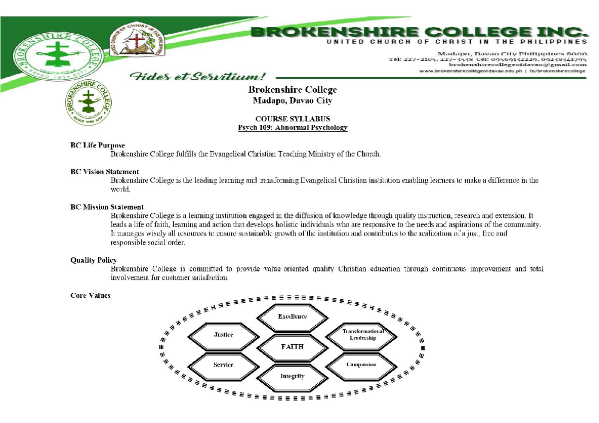 OBE Syllabus Psych 109 Abnormal Psychology - Studocu