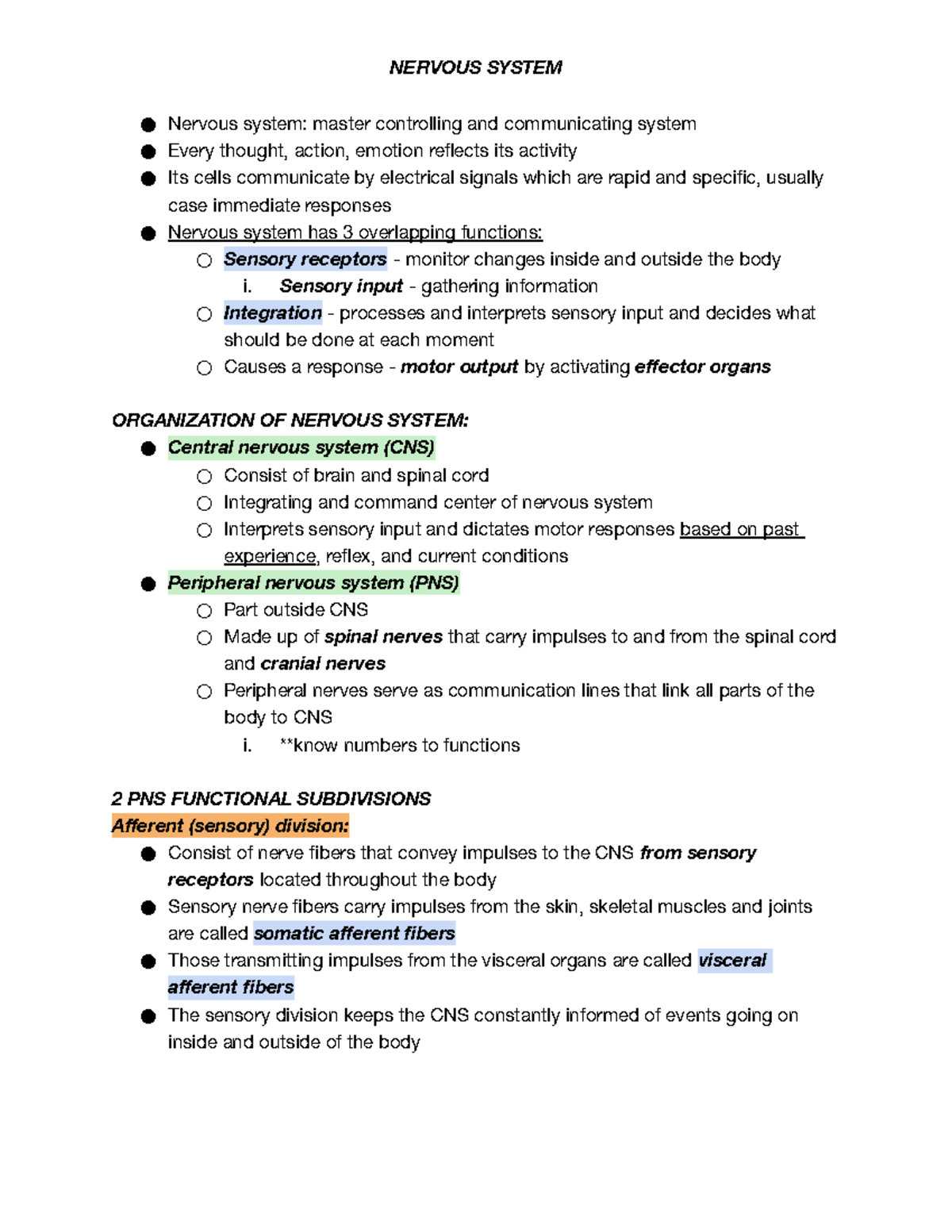 Nervous System - Anatomy Lecture Notes - NERVOUS SYSTEM Nervous system ...