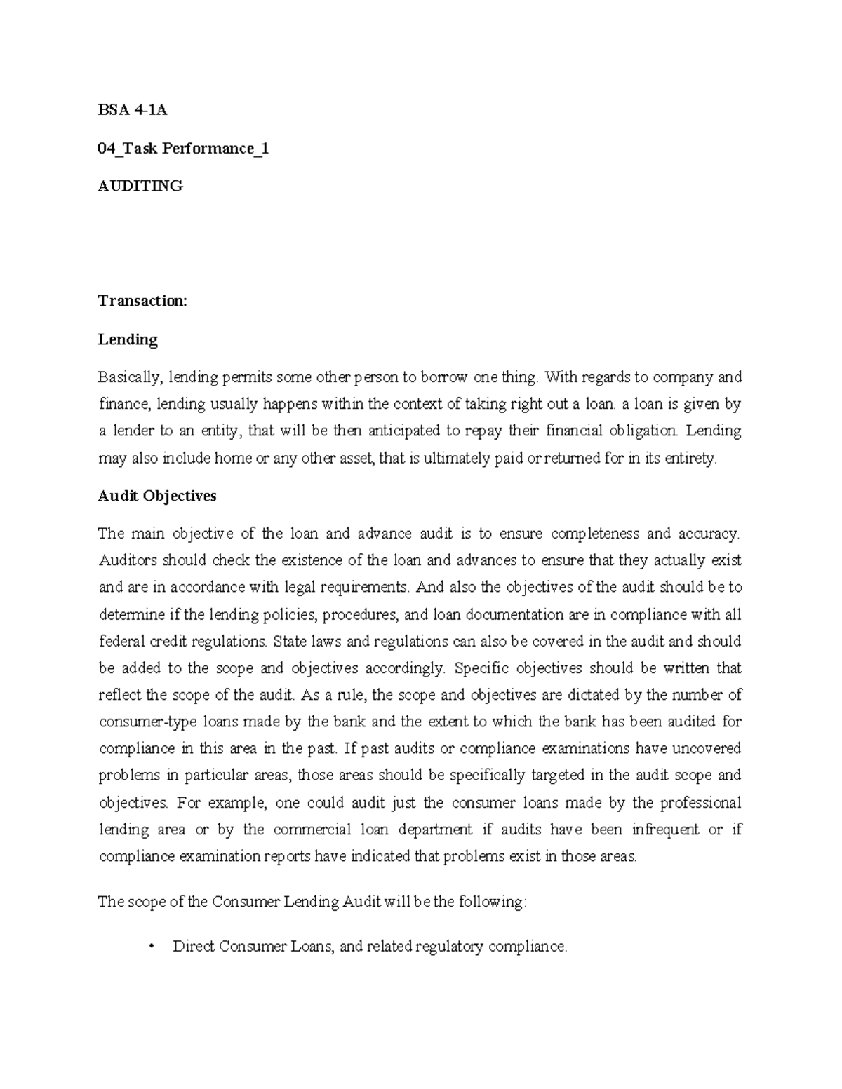 04 Task Performance (BSA 4-1A) - BSA 4-1A 04_Task Performance_ AUDITING ...
