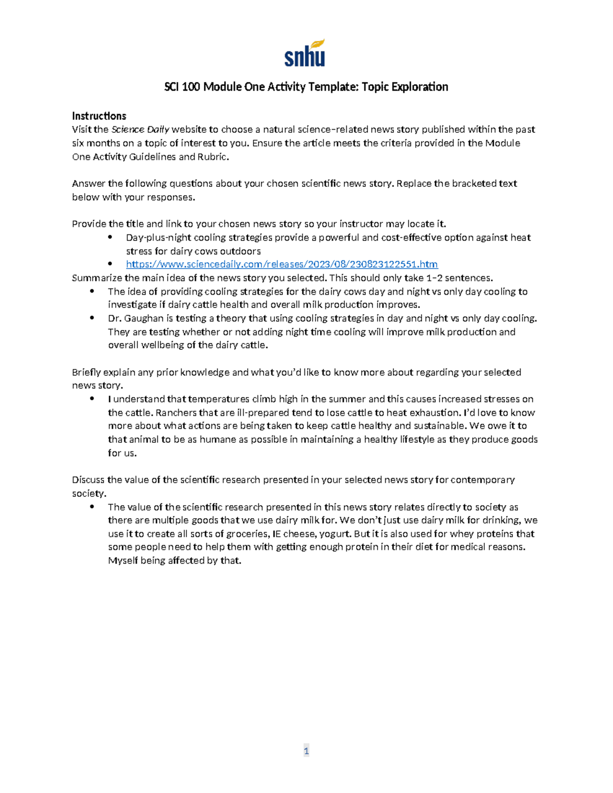 SCI 100 Module One Activity - Ensure the article meets the criteria provided in the Module One ...