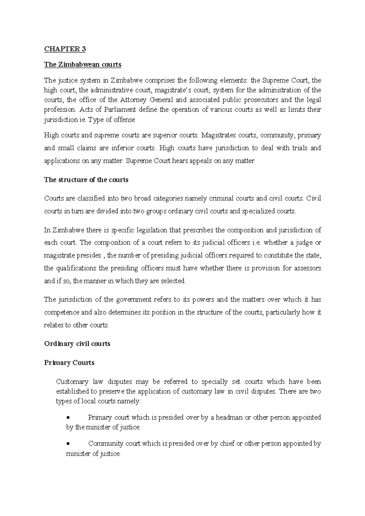 Zimbabwean courts - notes - CHAPTER 3 The Zimbabwean courts The justice ...
