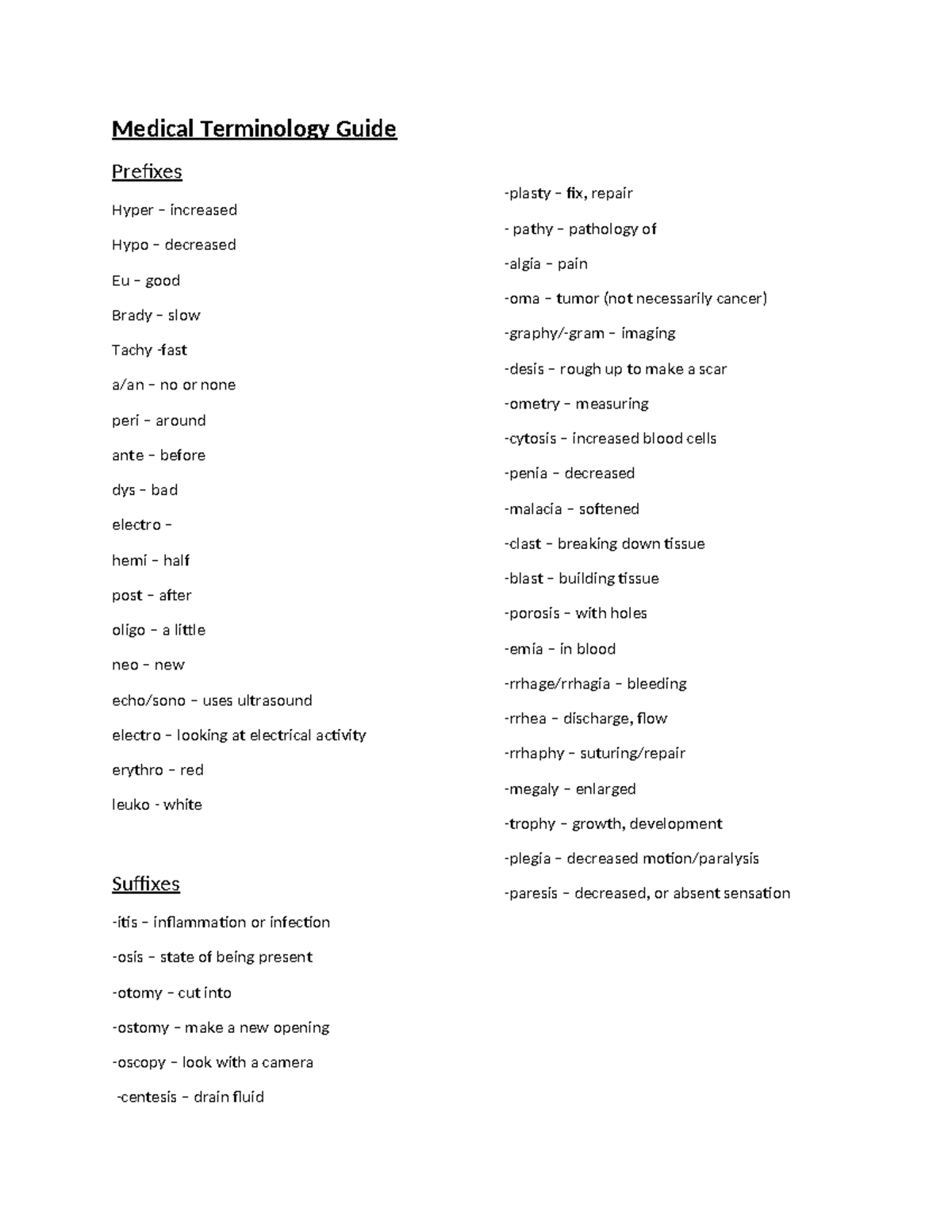 Medical Terminology Guide - Medical Terminology Guide Prefixes Hyper ...