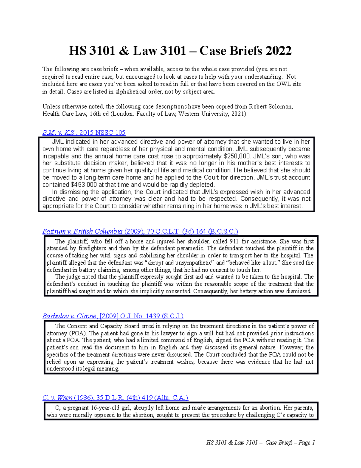 HS Case studies midterm - HS 3101 & Law 3101 – Case Briefs 2022 The ...
