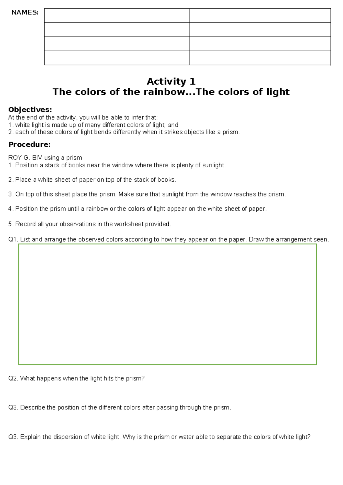 Light Activity - NAMES: Activity 1 The colors of the rainbow.. colors ...