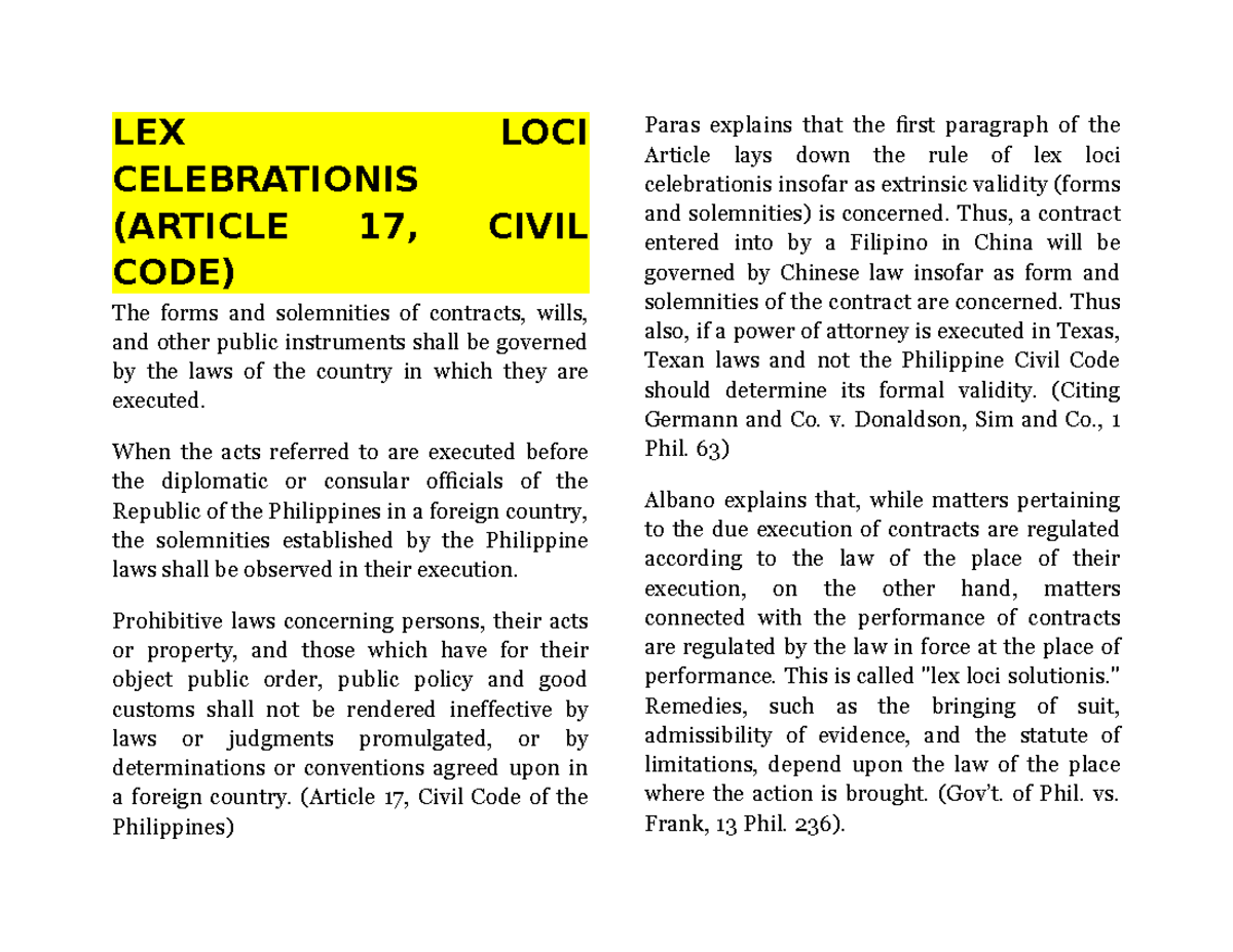 LEX LOCI Celebrationis LEX LOCI CELEBRATIONIS ARTICLE 17 CIVIL CODE