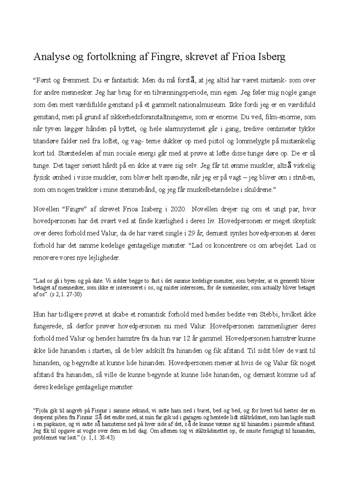 Analyse og fortolkning af novellen Fingre af Frioa Isberg - Analyse og fortolkning af Fingre ...