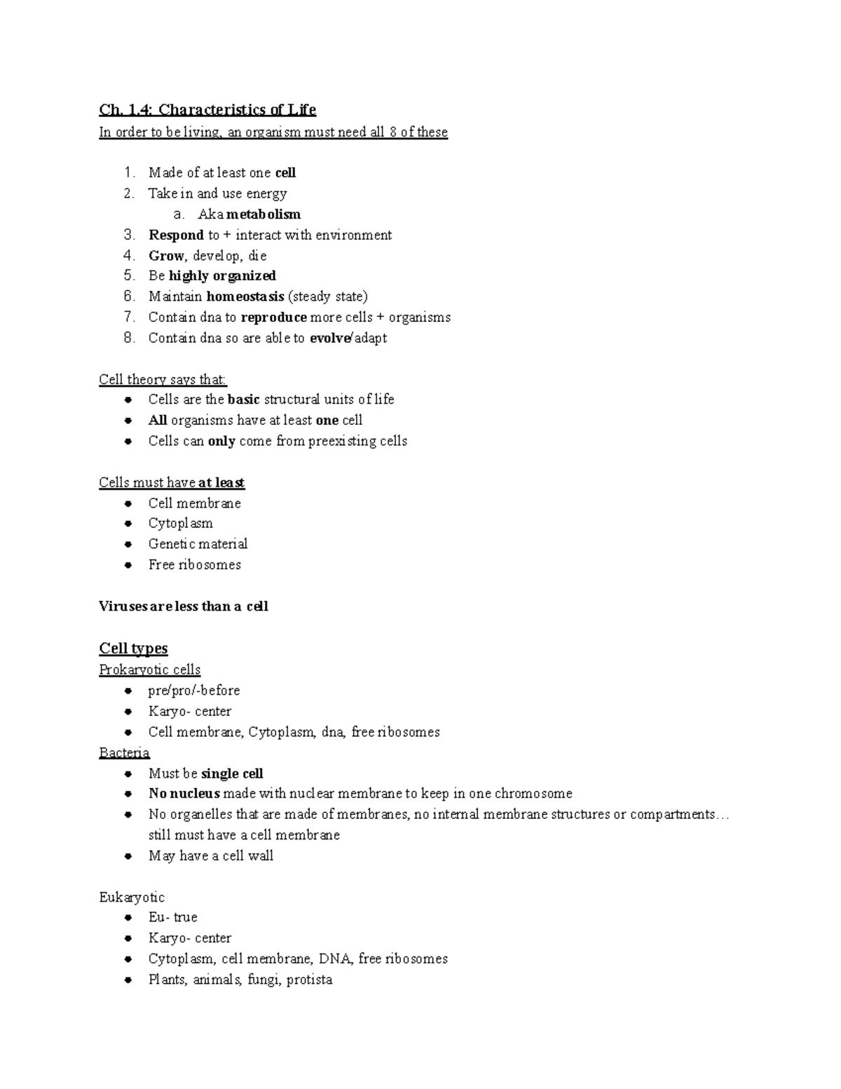 Science Notes - Ch. 1: Characteristics of Life In order to be living ...