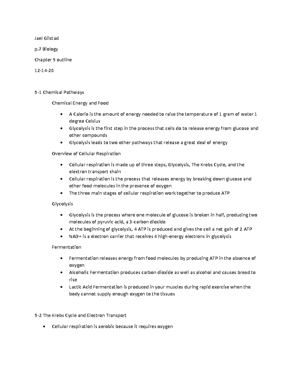 Chapter 9 outline - Jael Gilstad p Biology Chapter 9 outline 12-14- 9-1 ...