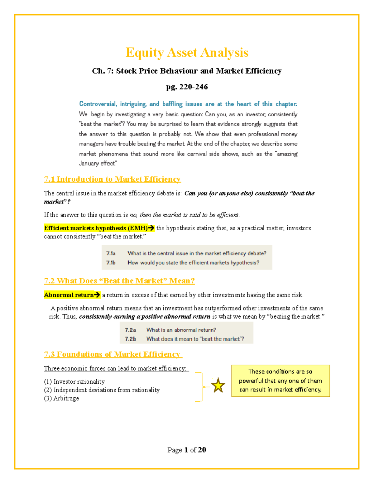 Equity Asset Analysis Ch. 7 Note - Equity Asset Analysis Ch. 7: Stock Price Behaviour and Market ...