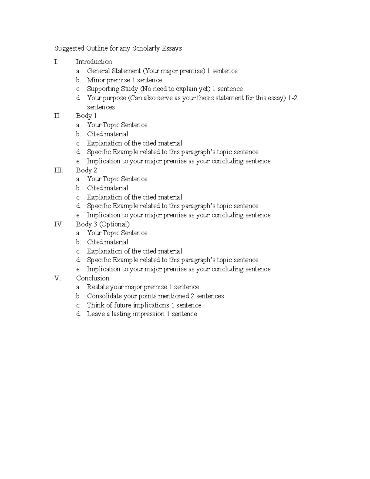 Suggested Outline for any Scholarly Essays - Introduction a. General ...