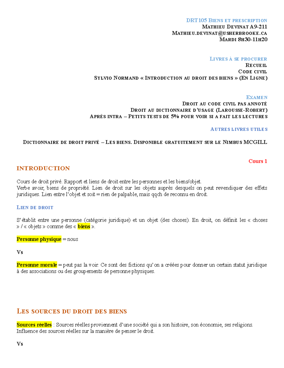 Notes de cours - Biens et prescription - DRT105 BIENS ET PRESCRIPTION ...