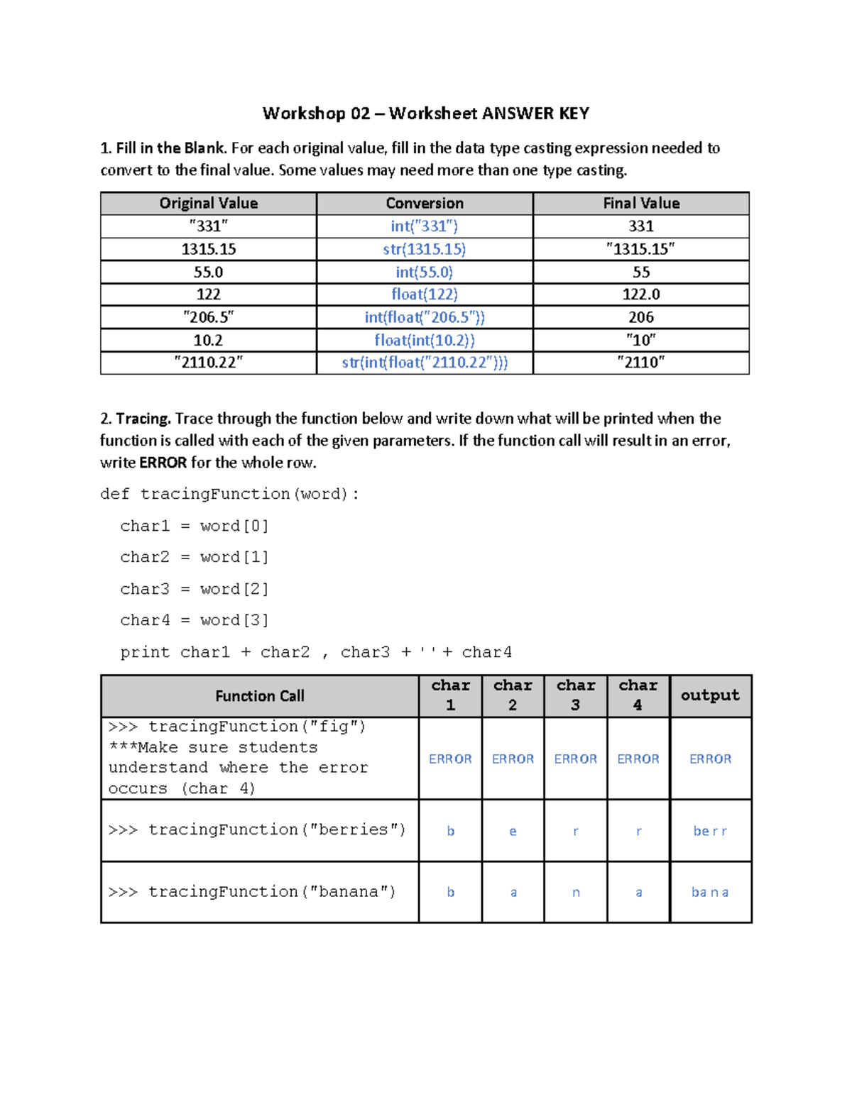 Worksheet 02 Answers - Workshop 02 – Worksheet ANSWER KEY Fill in the ...