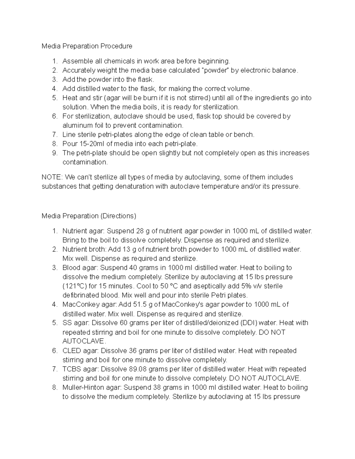 Media Preparation Procedure - Media Preparation Procedure Assemble all ...