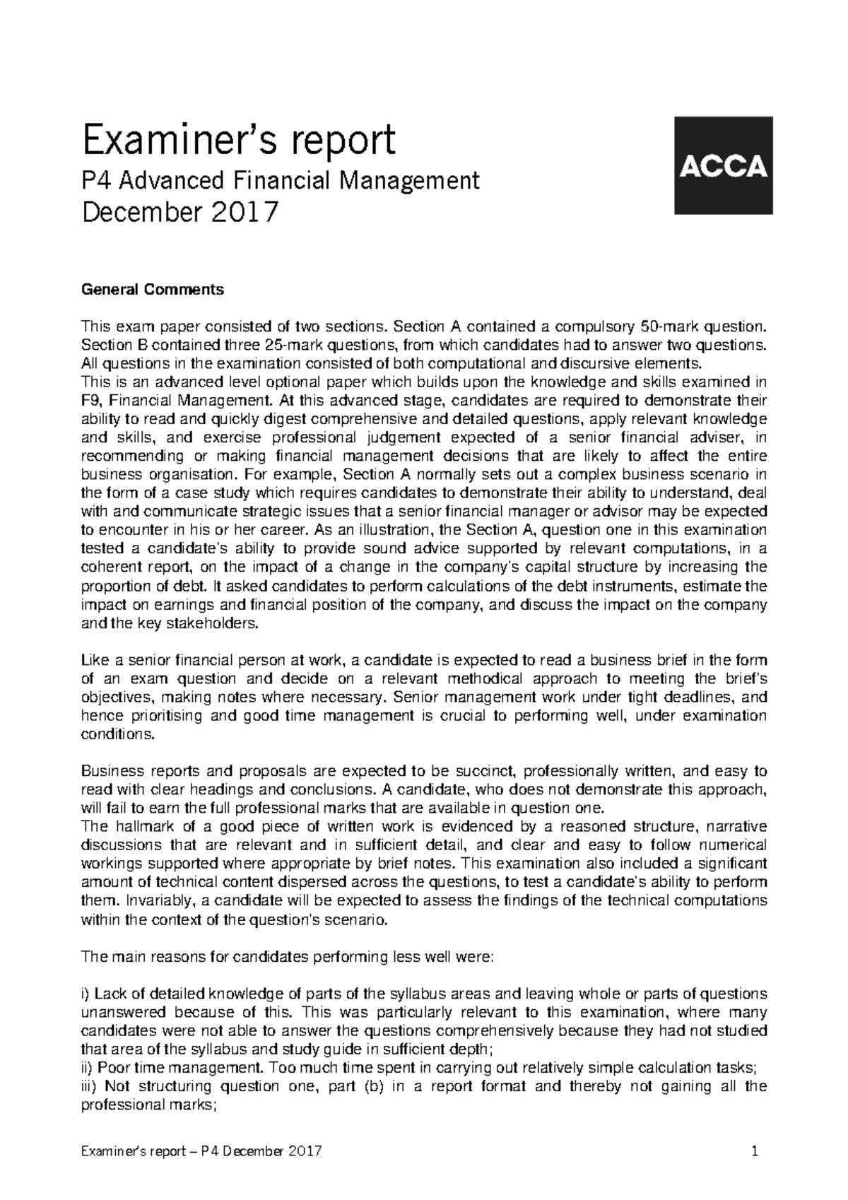 AFM DEC 2017 Examiners Report - Examiner’s report P4 Advanced Financial ...