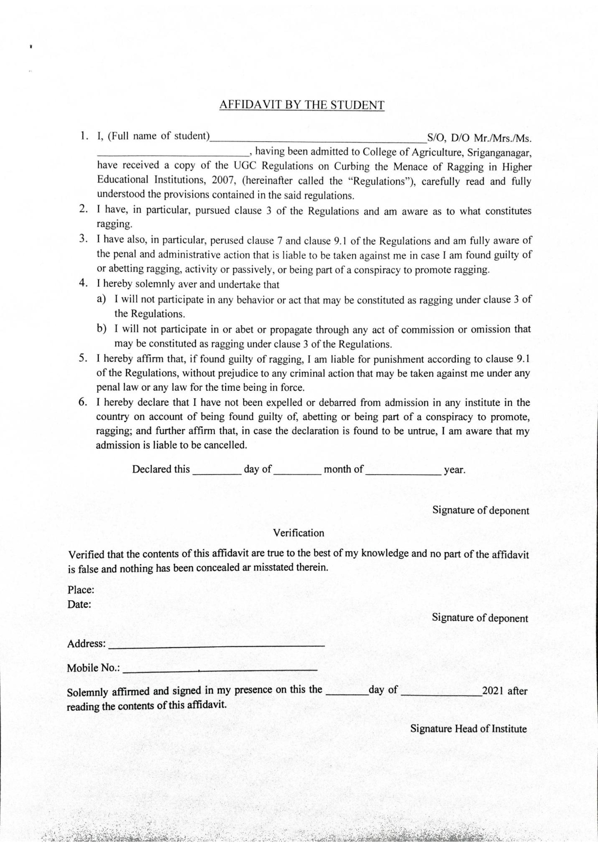 Anti Ragging Affidavit - Computer Science SL - Studocu