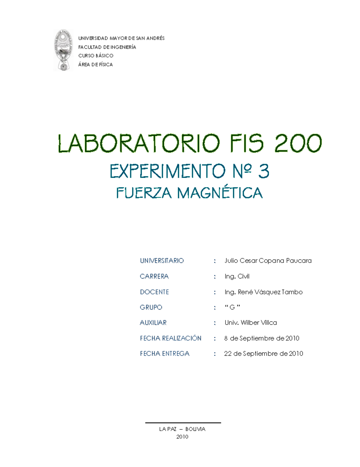 LAB - FIS III - 3 - informe capacitancia - 1 UNIVERSIDAD MAYOR DE SAN ANDR.. FACULTAD DE ...