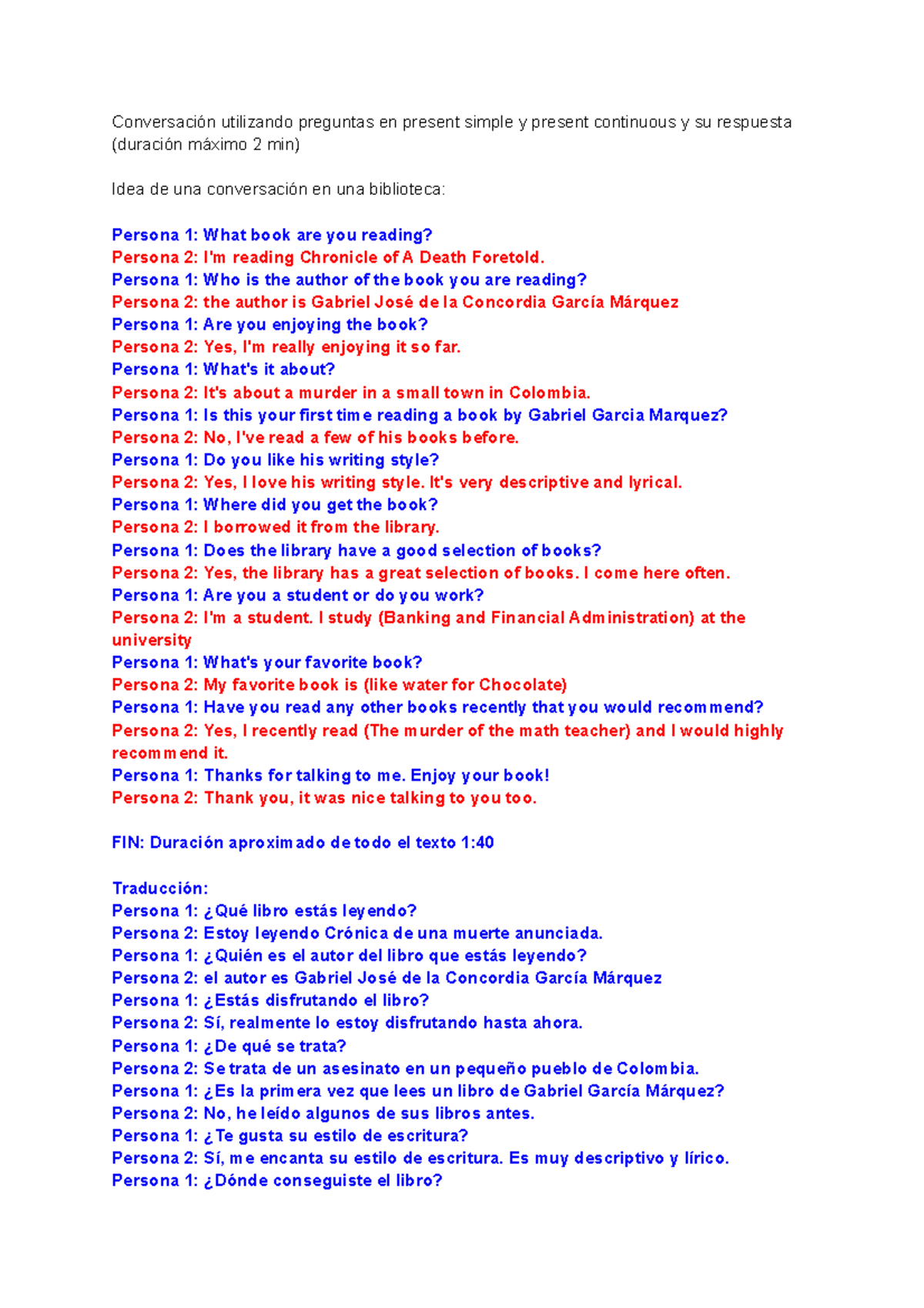 Simple Present - Conversación utilizando preguntas en present simple y ...