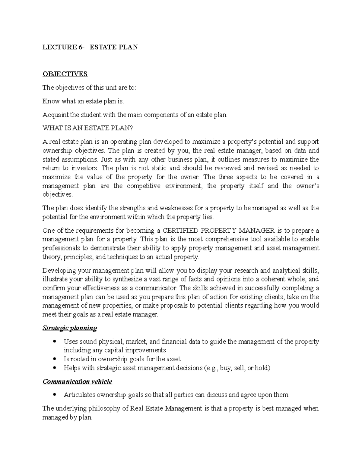 Lecture 6 Estate PLAN - NOTES - LECTURE 6- ESTATE PLAN OBJECTIVES The ...