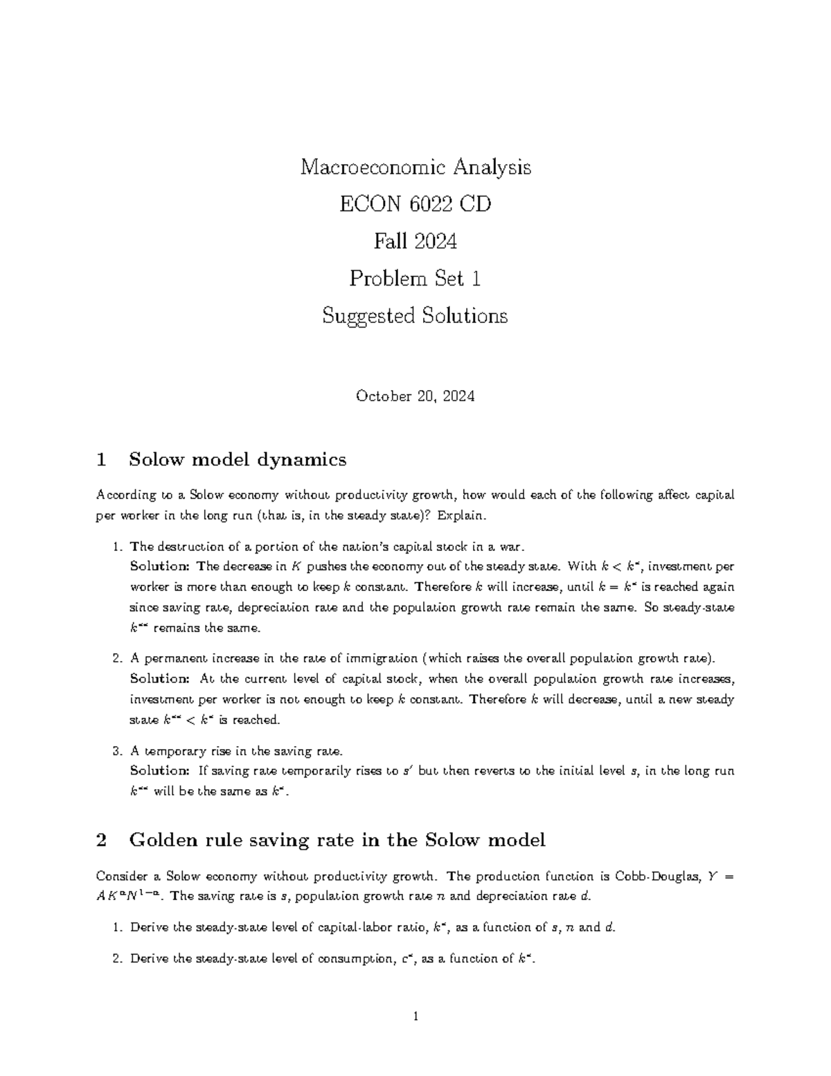 Fall2024 ECON6022 CD PS1 solu - Macroeconomic Analysis ECON 6022 CD Fall 2024 Problem Set 1 ...