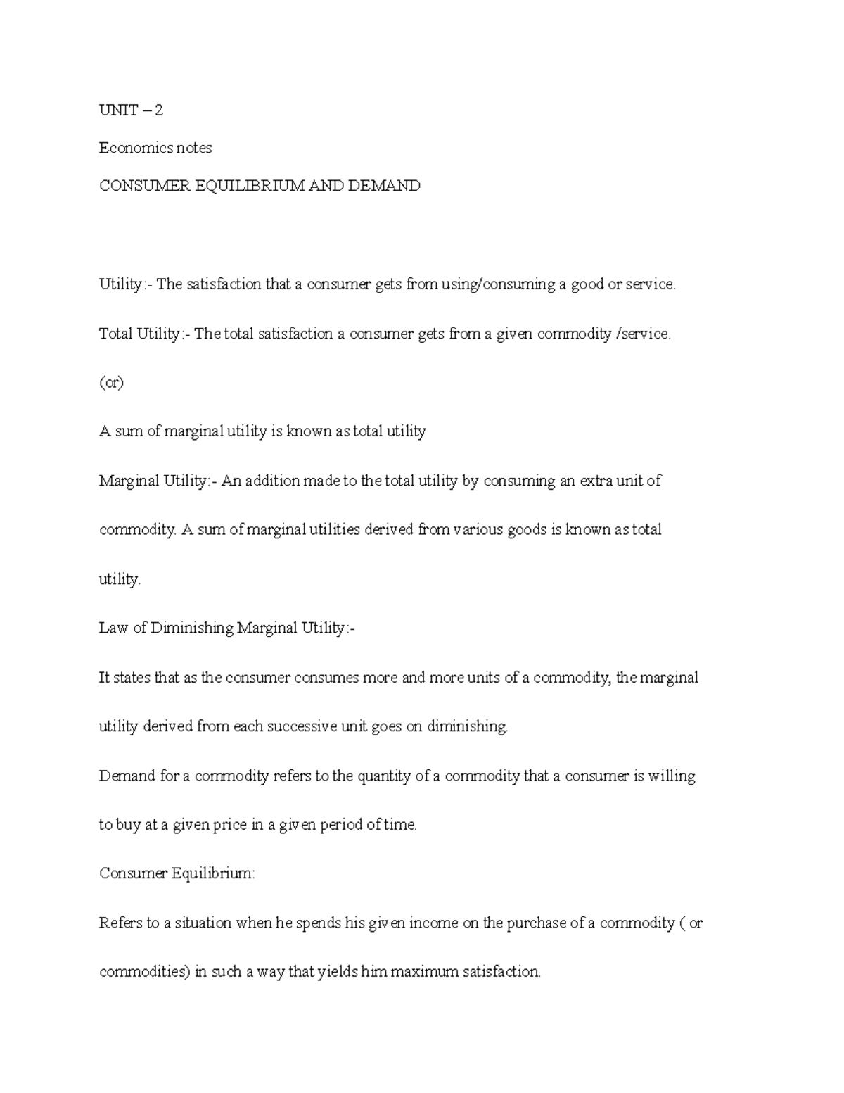 UNIT –2 Economics Notes 1 pt - UNIT – 2 Economics notes CONSUMER ...