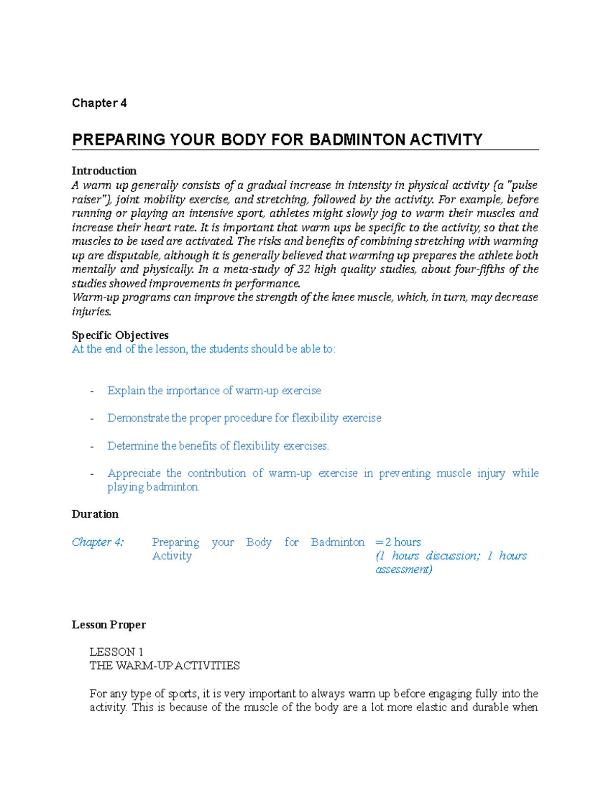 Physical Education Module - Chapter 4 PREPARING YOUR BODY FOR BADMINTON ...