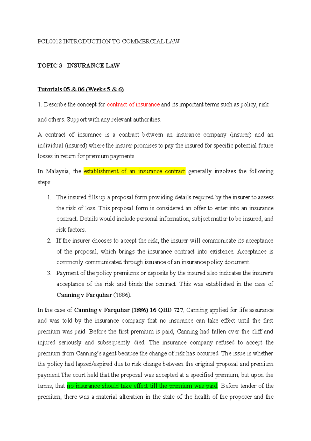 Tutorial (Insurance law) - PCL0012 INTRODUCTION TO COMMERCIAL LAW TOPIC ...