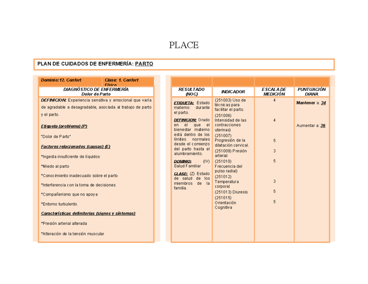 Place Enfermeria Obstetrica dolor de parto - PLACE Dominio:12. Confort ...