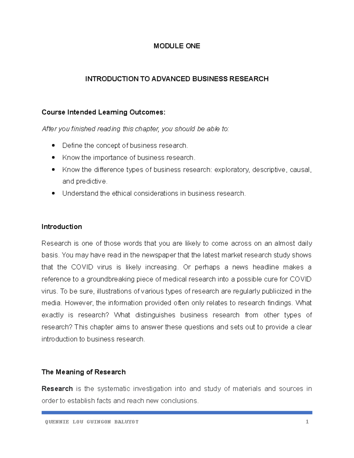 Lesson 1 Introduction TO Business Research - MODULE ONE INTRODUCTION TO ...