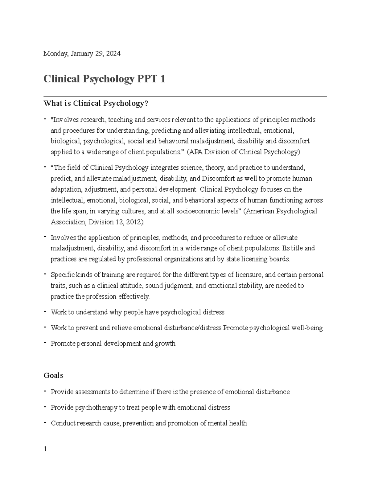 Clinical Psychology PPT 1 - Monday, January 29, 2024 Clinical Psychology PPT 1 What is Clinical ...