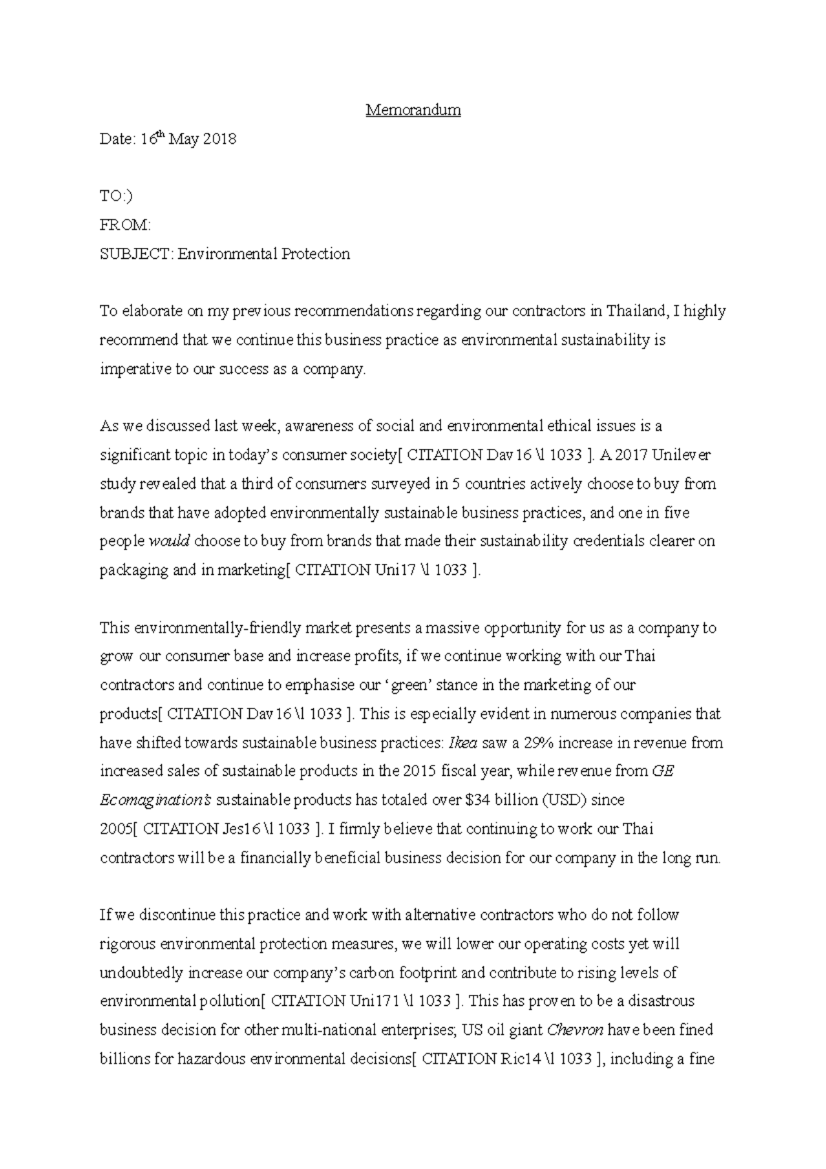 MGM1101 MEMO - Environmental Protection - Memorandum Date: 16th May ...