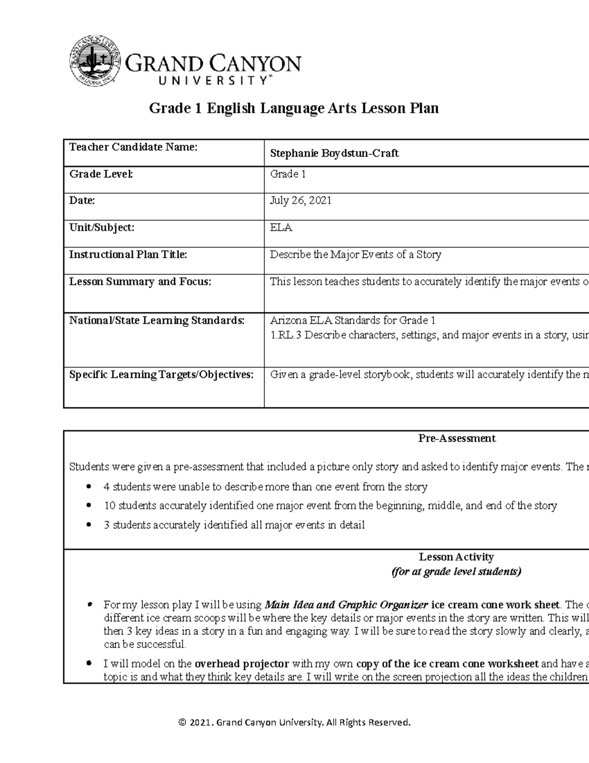 ECE 220 ELA Lesson Plan 2 Completed Grade 1 English Language Arts ECE 220 ELA Lesson Plan 2 Completed Grade 1 English Language Arts
