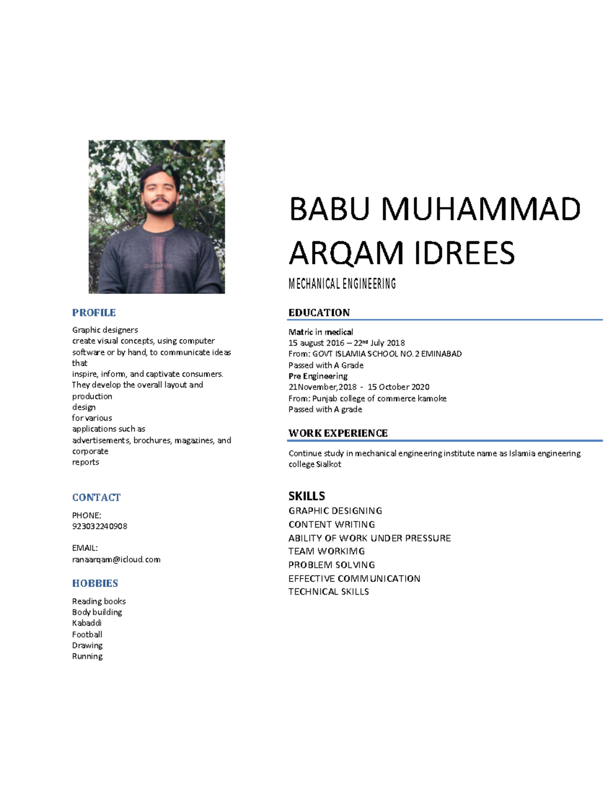 BABU Muhammad Arqam Idrees - BABU MUHAMMAD ARQAM IDREES M E C H A N I C A L E N G I N E E R I N ...